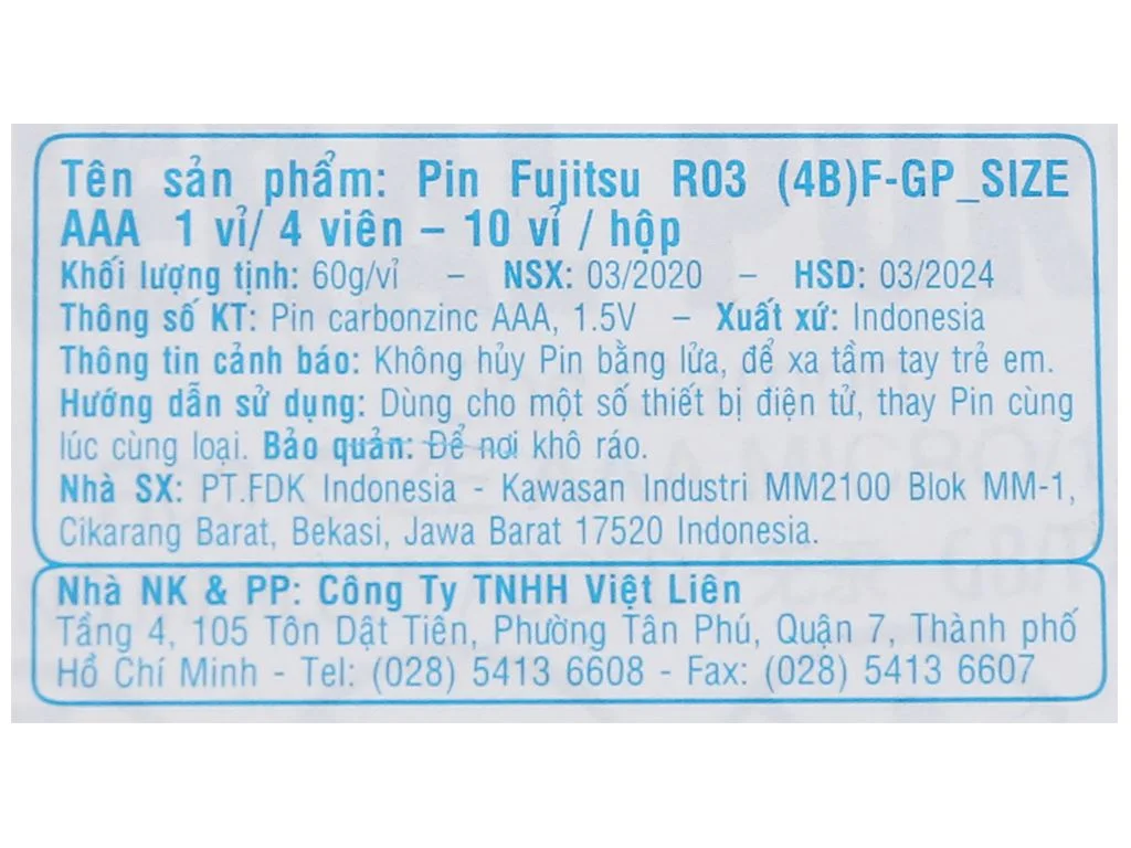 4 viên Pin Fujitsu Carbonzinc R03 giá tốt tại Bách hoá XANH